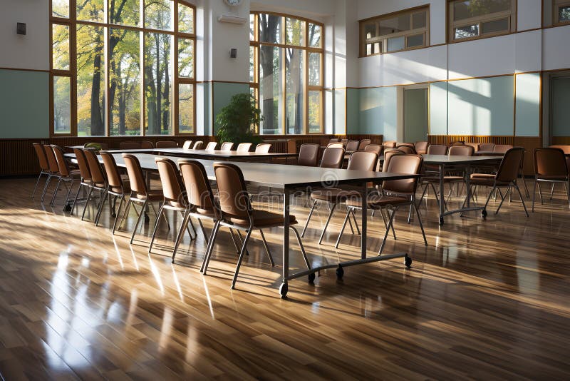 Empty Conference Room with Wooden Floor and Rows of Chairs. Ia ...