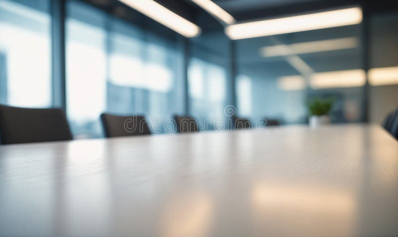 An Empty Conference Table Sits in a Modern Office with Large Windows ...
