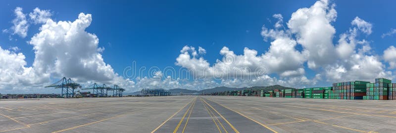 Empty Container Yard with Cranes and Stacks Under a Cloudy Blue Sky ...