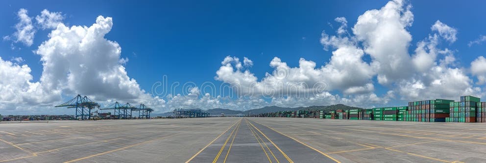 Empty Container Yard with Cranes and Stacks Under a Cloudy Blue Sky ...