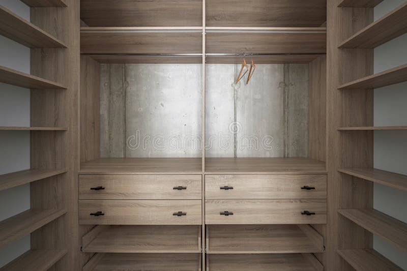 Empty Contemporary Wooden Wardrobe Design with Concrete Wall. Stock ...
