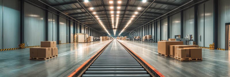 Empty Conveyor Belt, Cardboard Boxes, and Logistics in a Large Modern ...