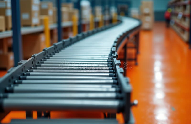 Empty Conveyor Belt in Modern Warehouse. Gray Rollers Visible ...
