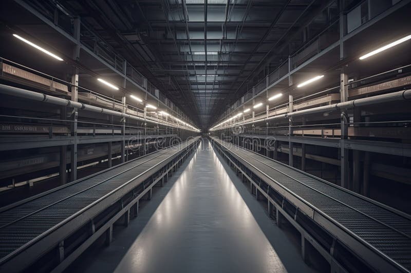 Empty Conveyor Belt Point of View, Empty Shelves in Large Shipping ...