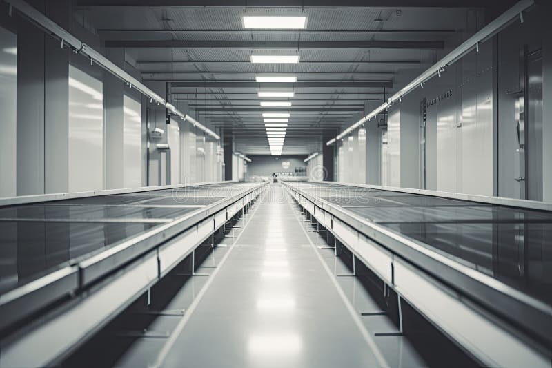 Empty Conveyor Belt Point of View, Empty Shelves in Large Shipping ...