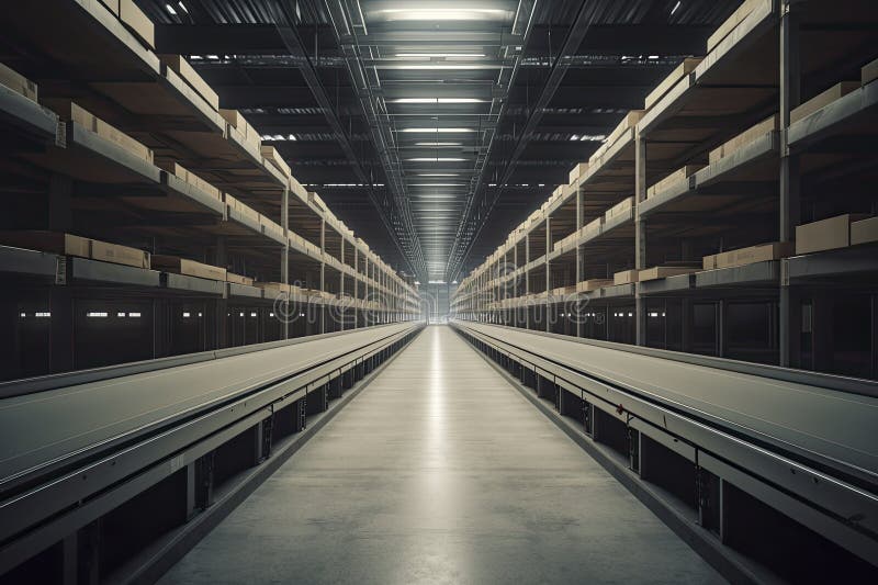 Empty Conveyor Belt Point of View, Empty Shelves in Large Shipping ...