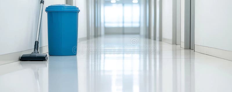 Empty Corridor with a Bucket and a Floor Cleaning Tool, Symbolizing the ...