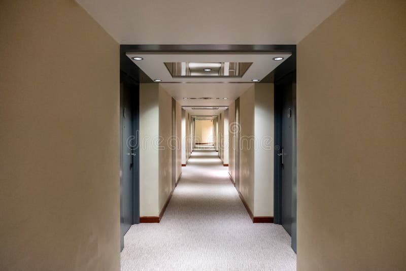 Empty Corridor with Closed Rows Door with Lighting Decoration Stock ...