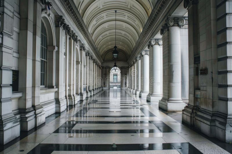 Empty Corridor with Columns Leading To Entrance of Historic Building ...
