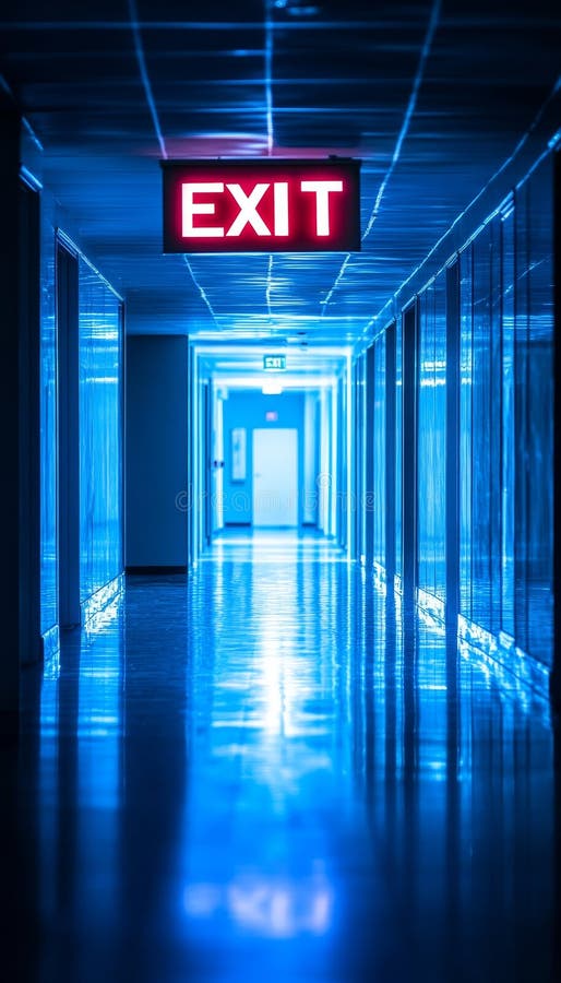 Empty Corridor with Illuminated Emergency Exit Sign, Evacuation Route ...