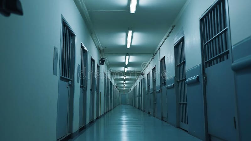 Empty Corridor with Jail Cells on Each Side, Illuminated by Overhead ...