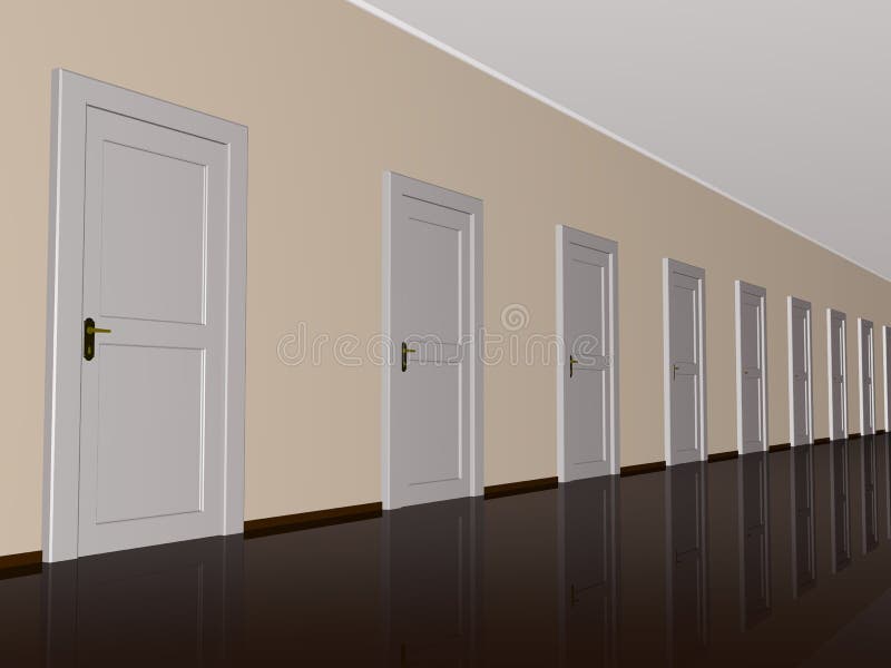 Hallway with many doors stock illustration. Illustration of concept ...