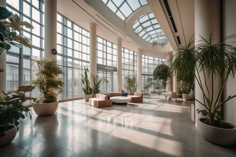 Empty Corridor in Modern Clinic with Tall Windows and Seating Area ...