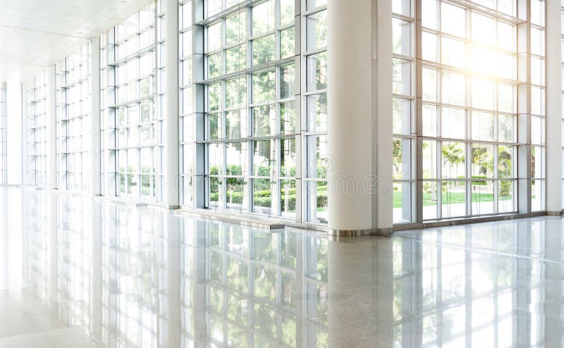 Modern Corridor with Glass Handrail Stock Image - Image of ceiling ...