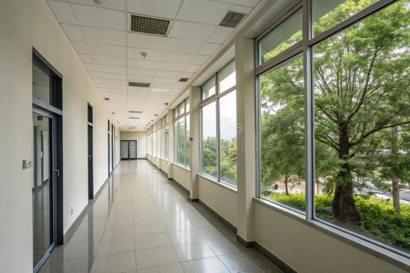 Empty Corridor with Green View in Office Building Stock Illustration ...