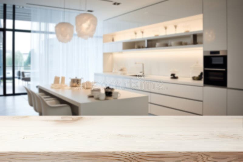 Empty Countertop in Foreground Against Modern White Kitchen. Banner ...