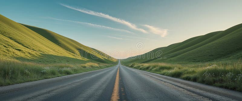 An Empty Country Road Surrounded by Rolling Hills and Open Space. Stock ...