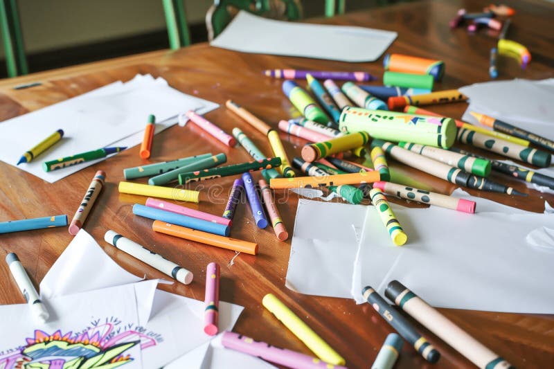 Empty Craft Table with Scattered Crayons and Paper Sheets Stock Photo ...