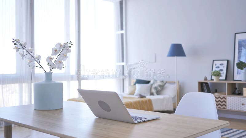 Empty Creative Bedroom with Laptop on Table Stock Photo - Image of ...