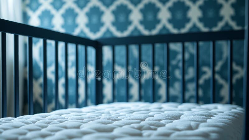 Empty Crib with Blue Patterned Wall Background Stock Image - Image of ...