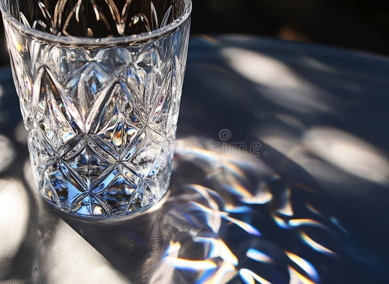 Empty Crystal Glass Reflecting Sunlight on White Table Stock ...