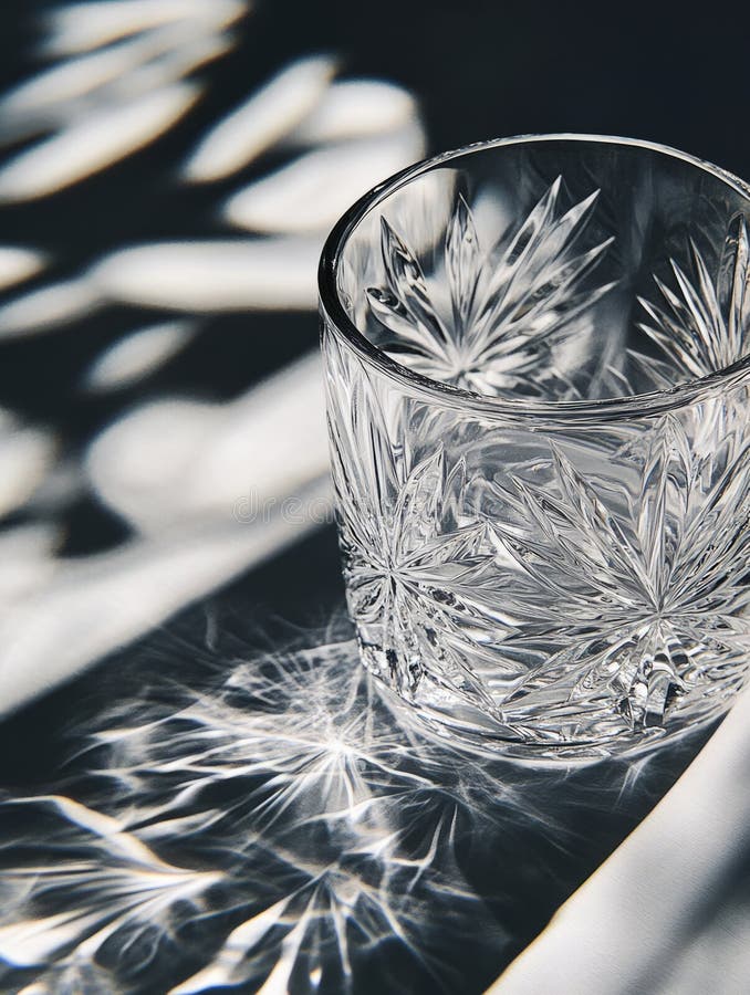 Empty Crystal Glass Reflecting Sunlight on White Table Stock ...