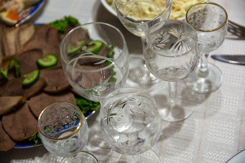 Empty Crystal Glasses on the Food Table. Stock Image - Image of cuts ...