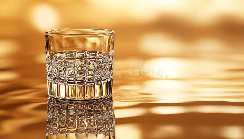 Empty Crystal Whiskey Glass,, Reflections on a Golden Liquid Background ...