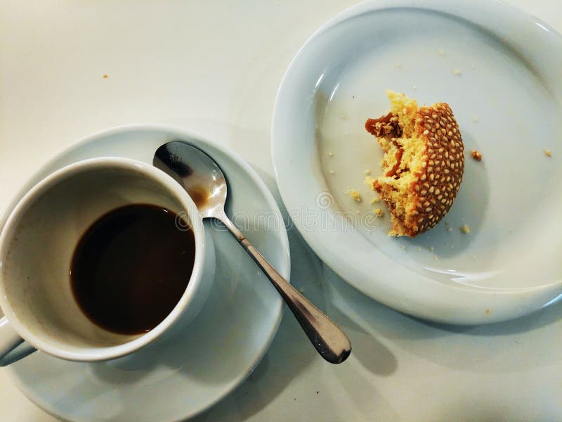 Empty Cup of Coffee and Empty Plate after Finished Sweet Cake Stock ...