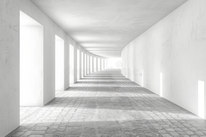 Empty Curved Corridor with Square Sunlight through Windows, Modern ...
