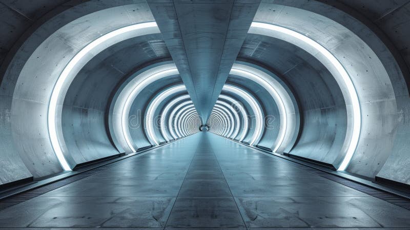 An Empty Curved Tunnel Leading through a Minimalist, Futuristic ...