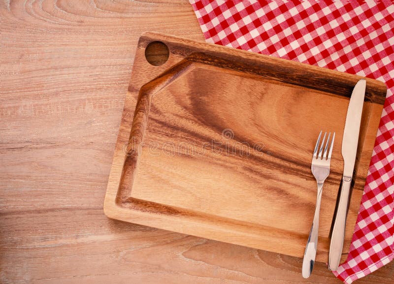 Empty Cutting Board on Blue and White Checkered Fabric or Napkin and ...