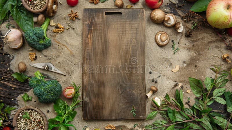 Empty Cutting Board Wooden Border of Vegetables and Spices for the Menu ...