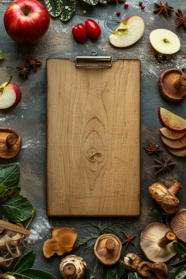 Empty Cutting Board Wooden Border of Vegetables and Spices for the Menu ...