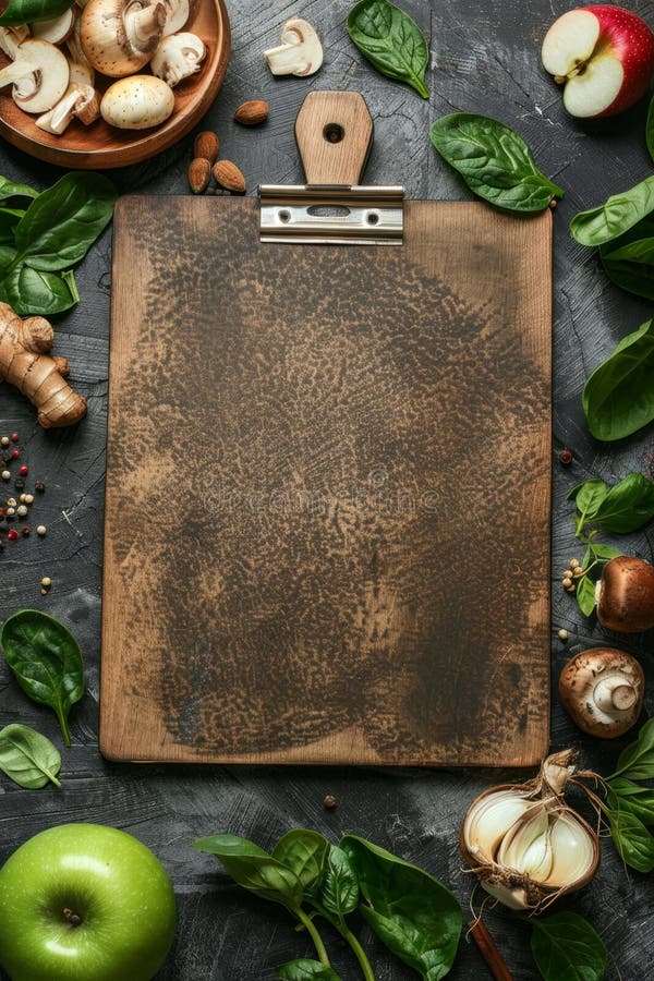 Empty Cutting Board Wooden Border of Vegetables and Spices for the Menu ...