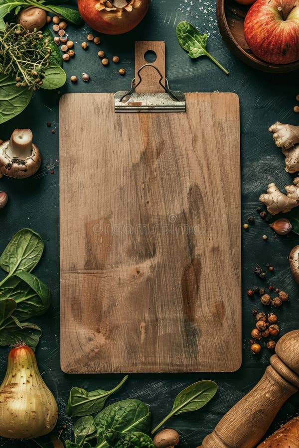 Empty Cutting Board Wooden Border of Vegetables and Spices for the Menu ...