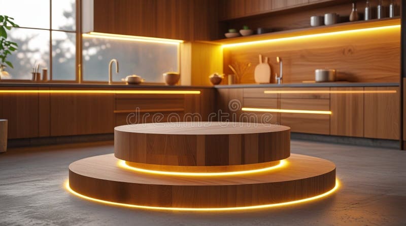 Empty 3D Pedestal Platform in a Modern Kitchen Featuring a Wooden Table ...