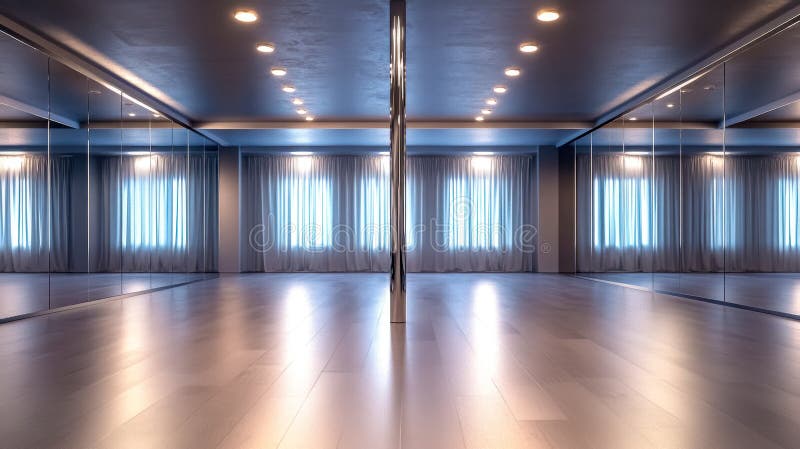 Empty Dance Studio with Mirrors and Pole Reflecting Soft Light from ...