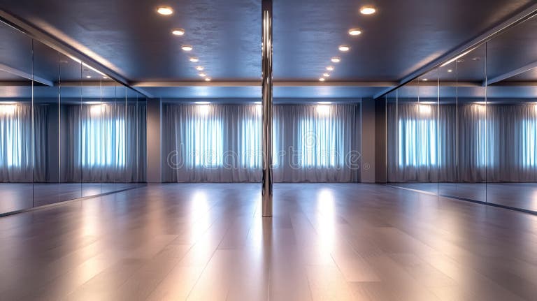 Empty Dance Studio with Mirrors and Pole Reflecting Soft Light from ...