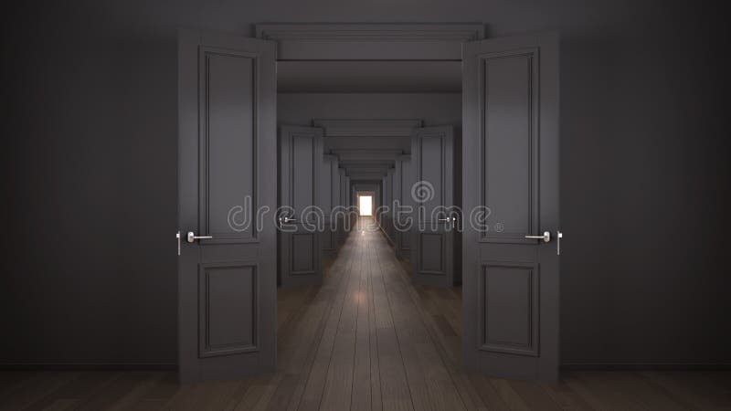Empty Dark Architectural Interior with Infinite Open Doors, Endless ...