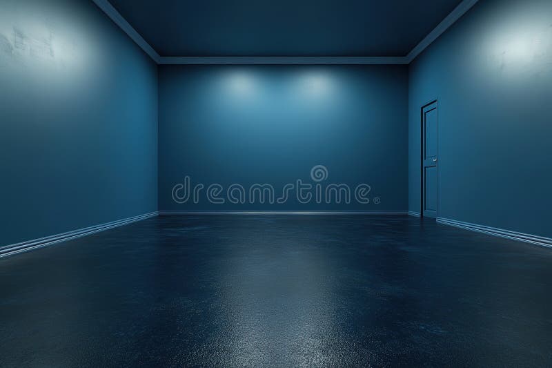 Empty Dark Blue Room Interior with Door, Walls, Ceiling and Reflective ...