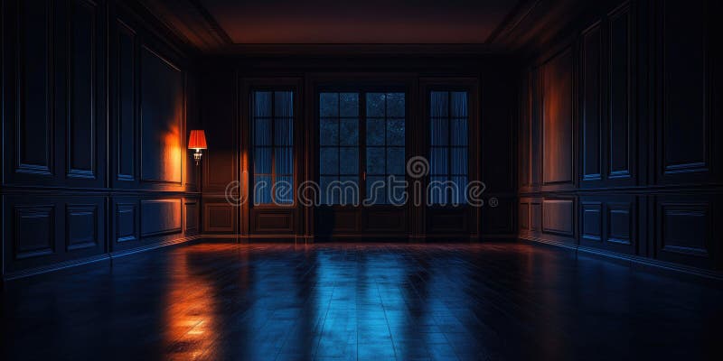 Empty Dark Blue Room with Minimalist Design and Two Ceiling Lights ...