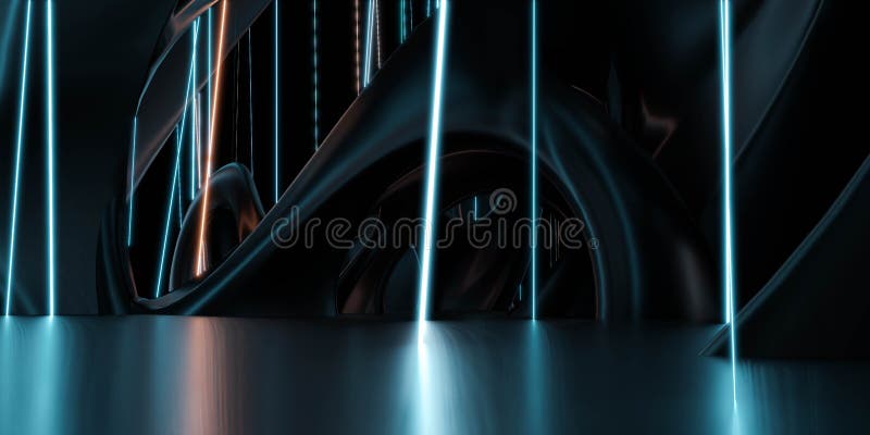 Empty Dark Building Hall Corridor With Blue And Violet Neon Lights 3d