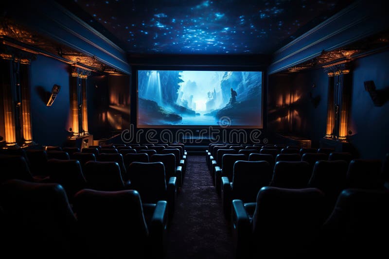Empty Dark Cinema Hall with a Movie Running on the Screen. Generated by ...