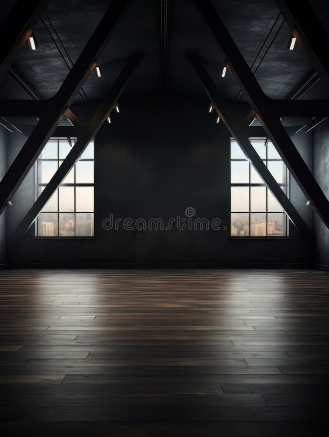 Empty Dark Interior in Loft Style with Panoramic Windows AI Stock Image ...