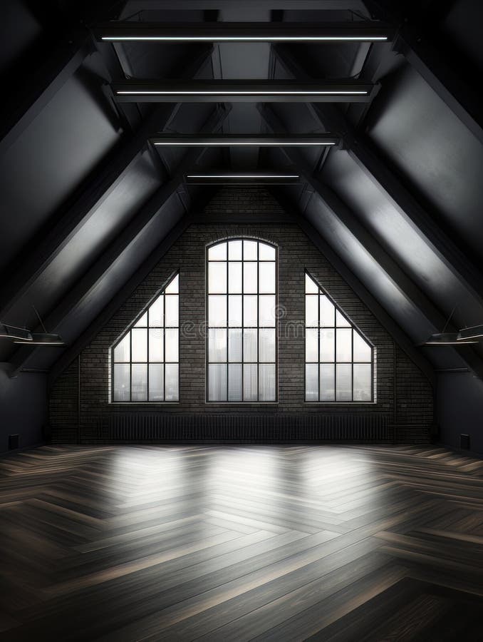 Empty Dark Interior in Loft Style with Panoramic Windows AI Stock Image ...