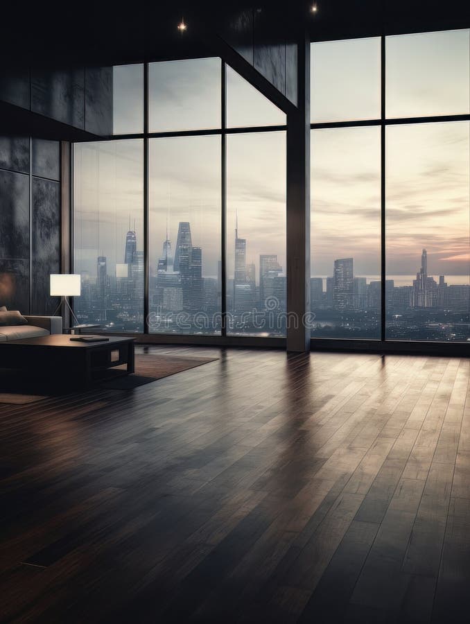 Empty Dark Interior in Loft Style with Panoramic Windows AI Stock Image ...