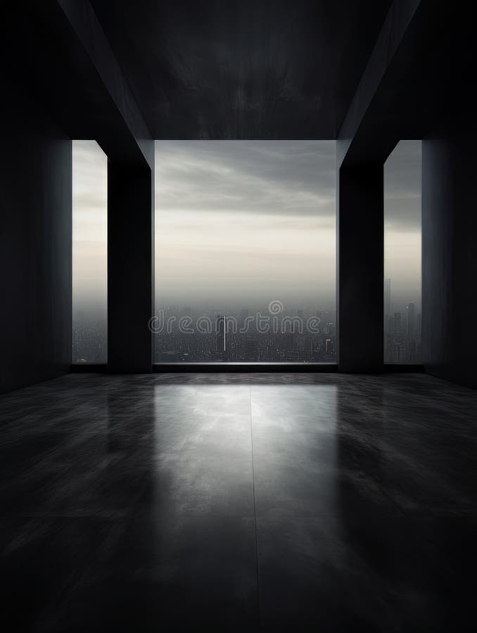 Empty Dark Interior in Loft Style with Panoramic Windows AI Stock Photo ...