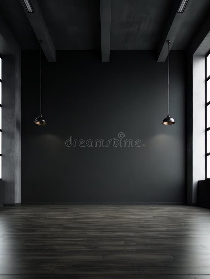 Empty Dark Interior in Loft Style with Panoramic Windows AI Stock Photo ...