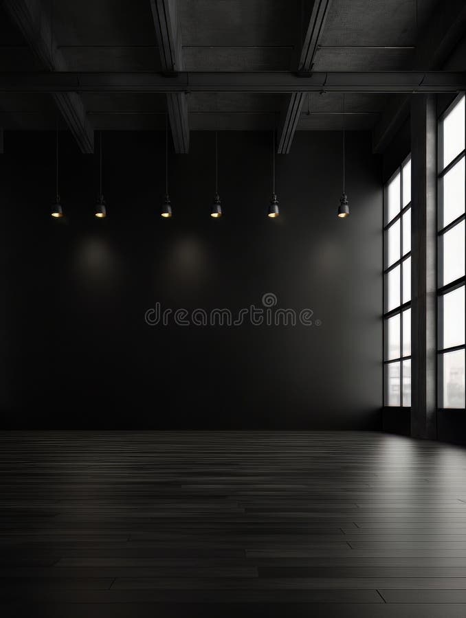 Empty Dark Interior in Loft Style with Panoramic Windows AI Stock Photo ...
